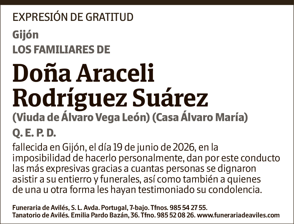Araceli Rodríguez Suárez | Esquela | El Comercio: Diario de Asturias
